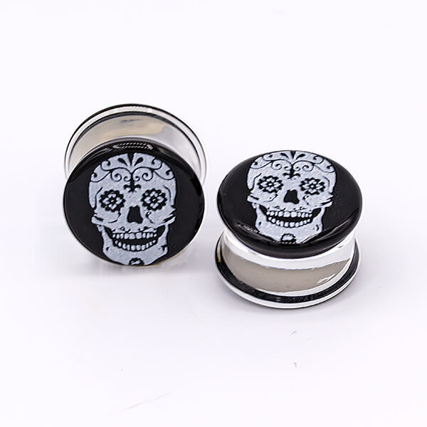 Glass color front sugar skull plug, white on black, 5/8" (16mm), DF ...